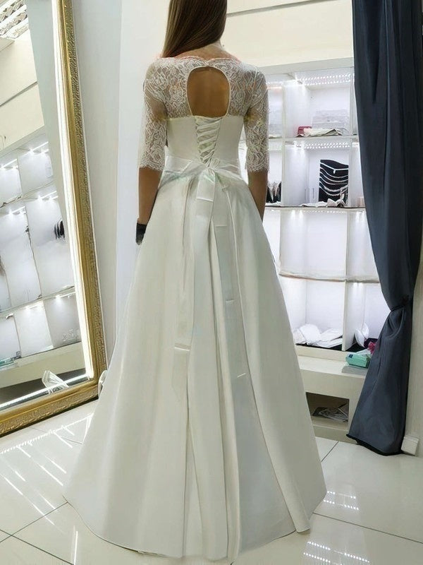 Elegant Satin Lace Floor Length Wedding Dress With Sashes And Ribbons