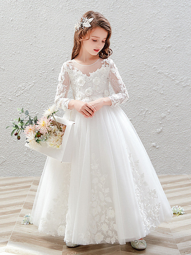 Long Ball Gown Tulle Jewel Neck Wedding Party Flower Girl Dresses With