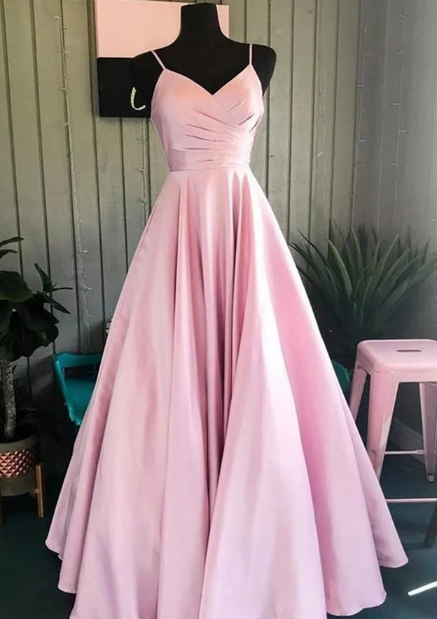 Simple A-Line V-Neck Spaghetti Straps Satin Long Prom Dress with Pleat ...