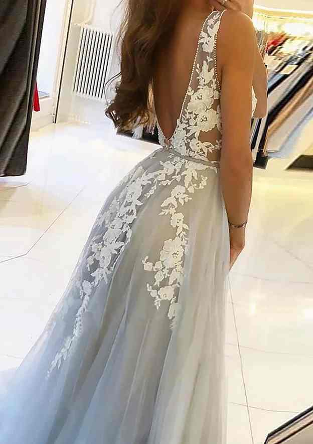 A-line V Neck Sleeveless Sweep Train Tulle Prom Dress With Beading Lac – 27dress
