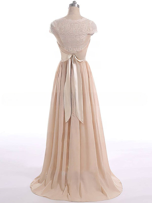 Chiffon Bow Back Mother of the Bride Dress with Short Sleeves and Swee ...