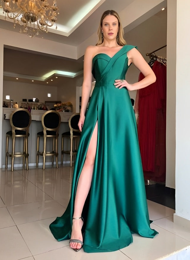 One Shoulder Satin Sleeveless Court Train Prom Dresses with Split Fron ...